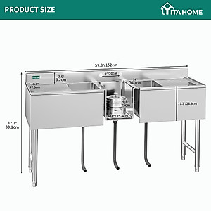 YITAHOME NSF Commercial Kitchen Sink 3 Compartment Stainless Steel Bar Sink with Double Drainboard, Prep Freestanding Large Sink for Restaurant, Garage, Utility Underbar Sink 60"L x 19"W x 32in