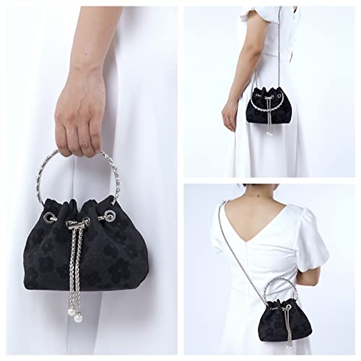 Ayliss Women Evening Handbag Mini Clutch Rhinestone Pouch Crossbody Handbag Purse Top Handle Floral Shoulder Bag Prom (Mini,Black)