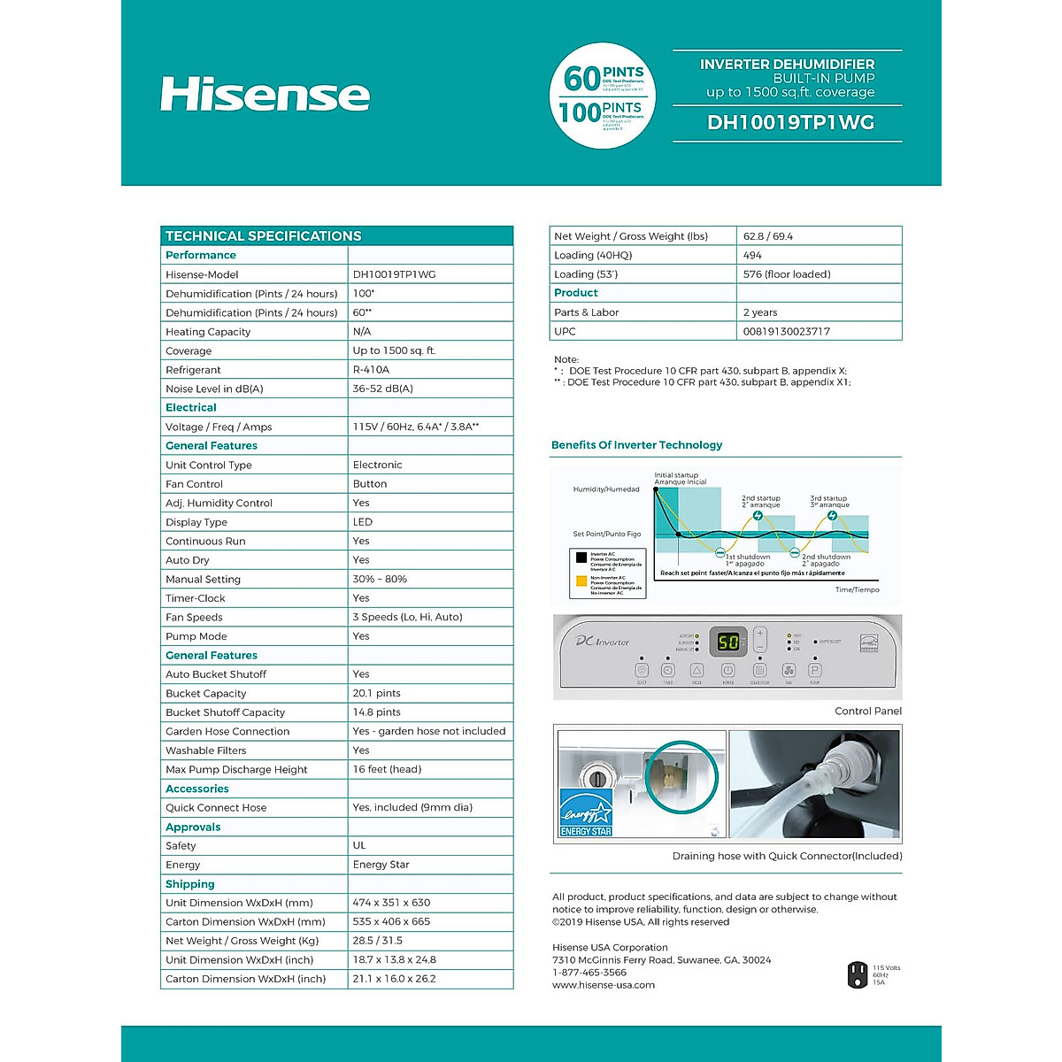 Hisense 60-Pint Capacity, 1500 sq.ft. coverage, 3-Speed Inverter Dehumidifier with Built-in Pump, Industrial-grade dehumidifier, Quite 36 dBA, 115v - DH10019TP1WG (Renewed)