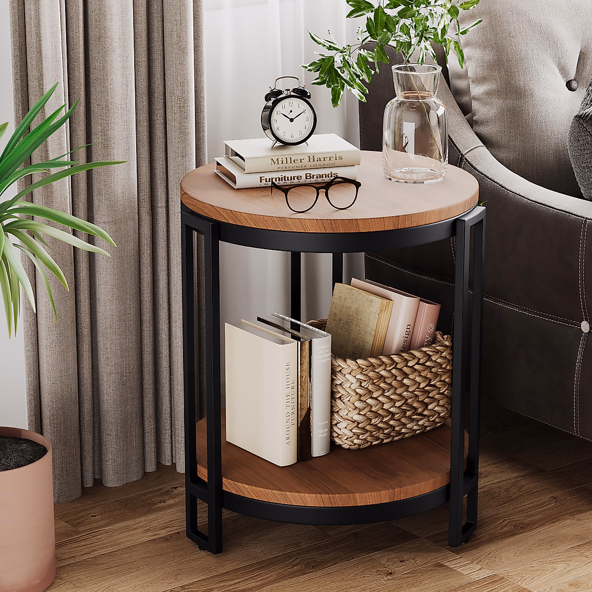 Alunaune Industrial End Table, 2-Tier Marble Look Round Side Table, Small Modern Storage Shelf Black Metal Coffee Table Nightstand for Living Room Bedroom-Brown with Black Leg