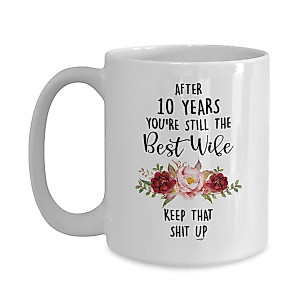 Whizk 10th Anniversary Mug For Wife 10 Year Aniversity Coffee Mug -Ten Happy 1oth Tenth Yr Tin Aluminium Wedding For Her From Husband - Funny Tea Cup Women 11 oz or Large 15 oz M2V0037
