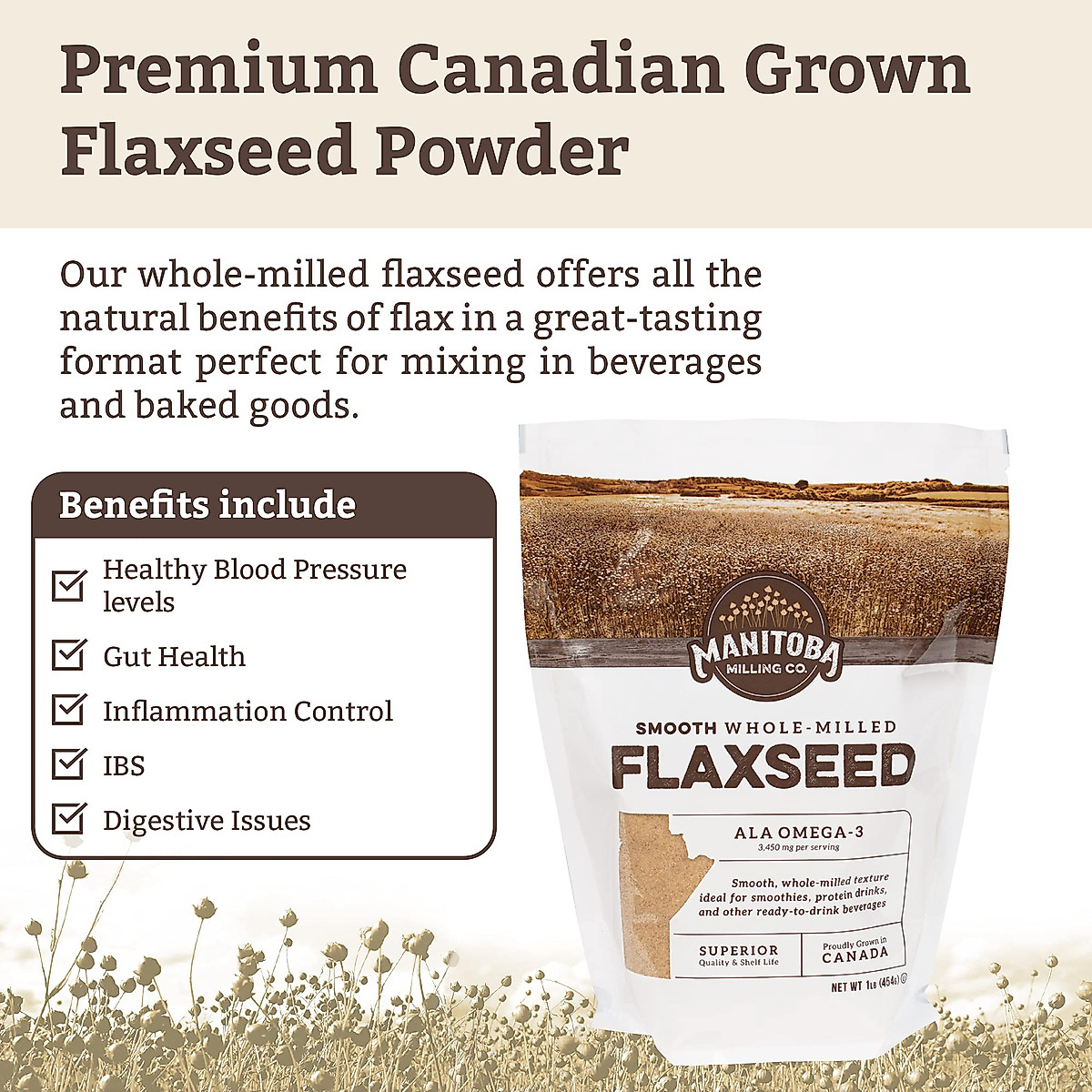 Ground Flax Seed | Manitoba Milling Co | One 1lb Bag | Smooth Milled Flaxseed Fiber with Protein, Omega 3 | Gluten Free, Non-GMO Gourmet Milled Flaxseed for Muffins, Yogurt, Smoothies