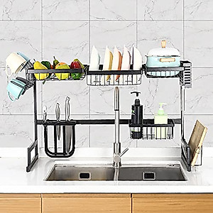 Over The Sink Dish Drying Rack, 2 Tier Stainless Steel Large Dish Racks for Kitchen Counter, Length Adjustable Dish Drainers with Utensil and Chopstick Holder (Sink Size≤36 INCH)-Black
