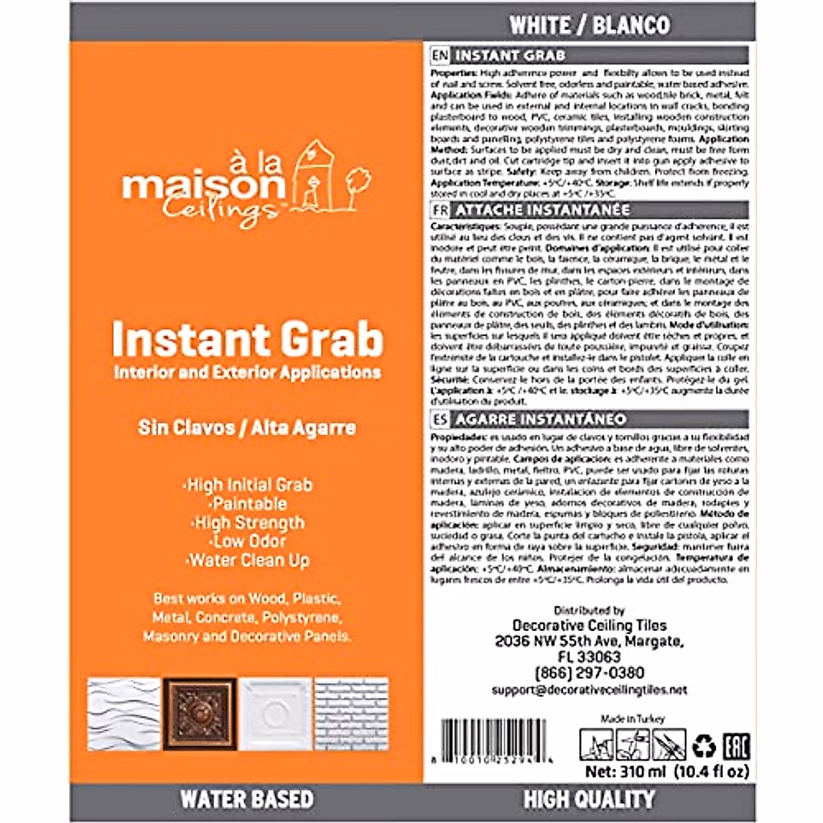 A la Maison Instant Grab - Ceiling Tile, Wall Panel & Crown Molding Adhesive - High-Strength, Water-Resistant Glue for Indoor/Outdoor Use - Easy-Apply, Quick-Bond Formula (6-Pack)