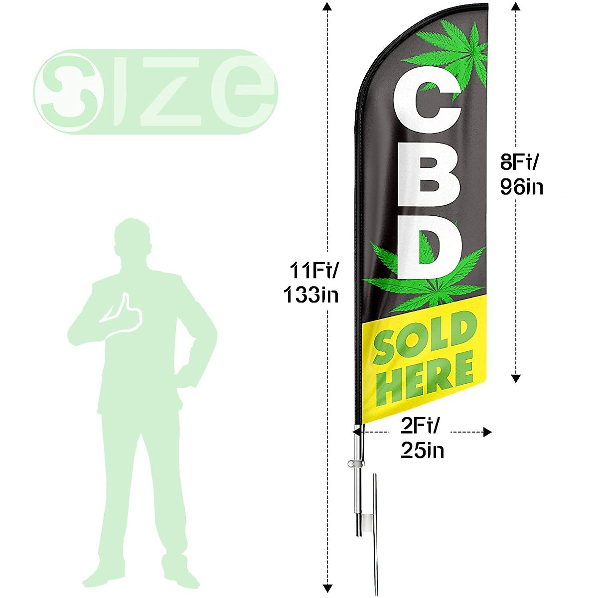CBD Sold Here Advertising Feather Flag, CBD Swooper Flag Sign with Pole Kit and Ground Stake, 11Ft CBD Sold Here Advertising Feather Banner Sign (Black)
