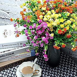 12 Bundles Artificial Flowers Outdoor, UV Resistant Faux Artificial Plants Shrubs Plastic Flower Bulk for Hanging Planter Porch Window Home Wedding Spring Summer Decor(Yellow, Orange, Fuchsia)