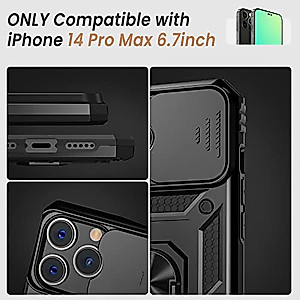 Goton for iPhone 14 Pro Max Case with Screen Protector - Slide Camera Cover Phone Case with Ring Stand, Heavy Duty Military Grade Shockproof Rugged Bumper for iPhone 14 Pro Max Accessories Black