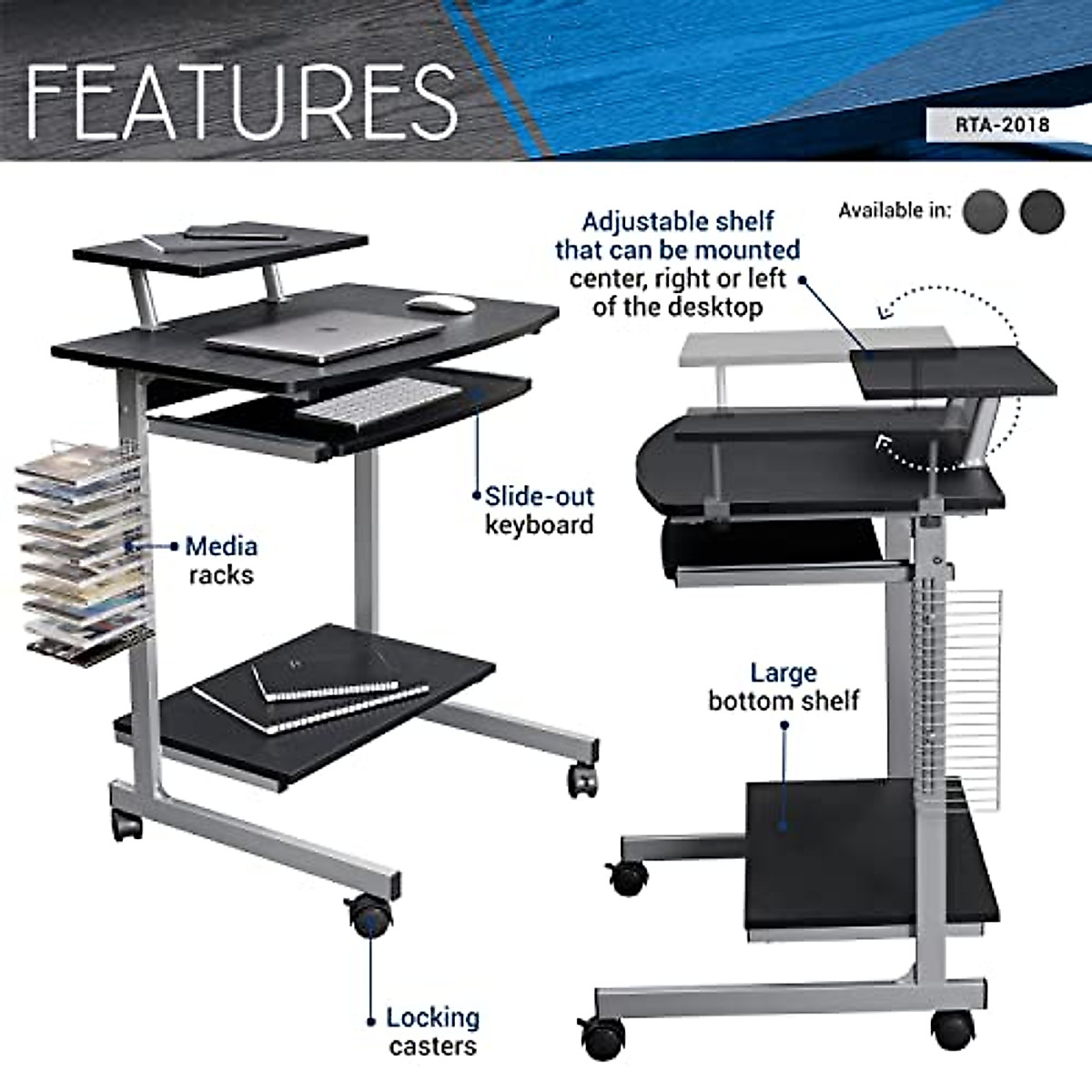 Techni Mobili Compact Computer Cart With Storage, Graphite
