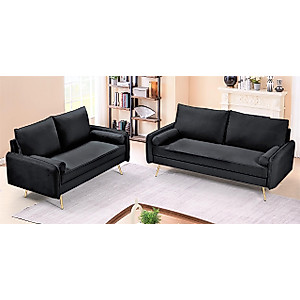 Container Furniture Direct Kent Modern Loveseat, European Style Velvet Living Room Furniture with Tapered Legs, Vintage Flair, and Sleek Design, Love Seat, Black
