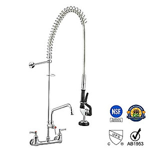 Aquaterior Upgraded Pre-Rinse Commercial Kitchen Faucet with Sprayer 44" Height Wall Mount Double Handle with Add-On 12" Rotatable Spout Pull Down for 2/3 Compartment Sink CUPC NSF CEC