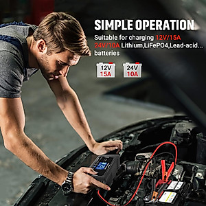 lifepo4 charger 15-Amp Fully-Automatic Smart Charger,12V and 24V Battery Charger,12V/15A 24V/10A Lead-Acid(AGM/Gel/SLA)/Lithium lron LiFePO4 Trickle Charger,Pulse Repair Car Battery Charger,Deep cycle