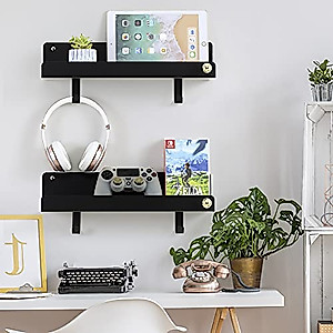 ELSKER&HOME Black Floating Shelves for Wall Mounted,Decorative Metal Shelf with 4 Hooks，Modern Floating Bookshelf Set of 2 Pack，15.8”Lx4”Wx3.6”H