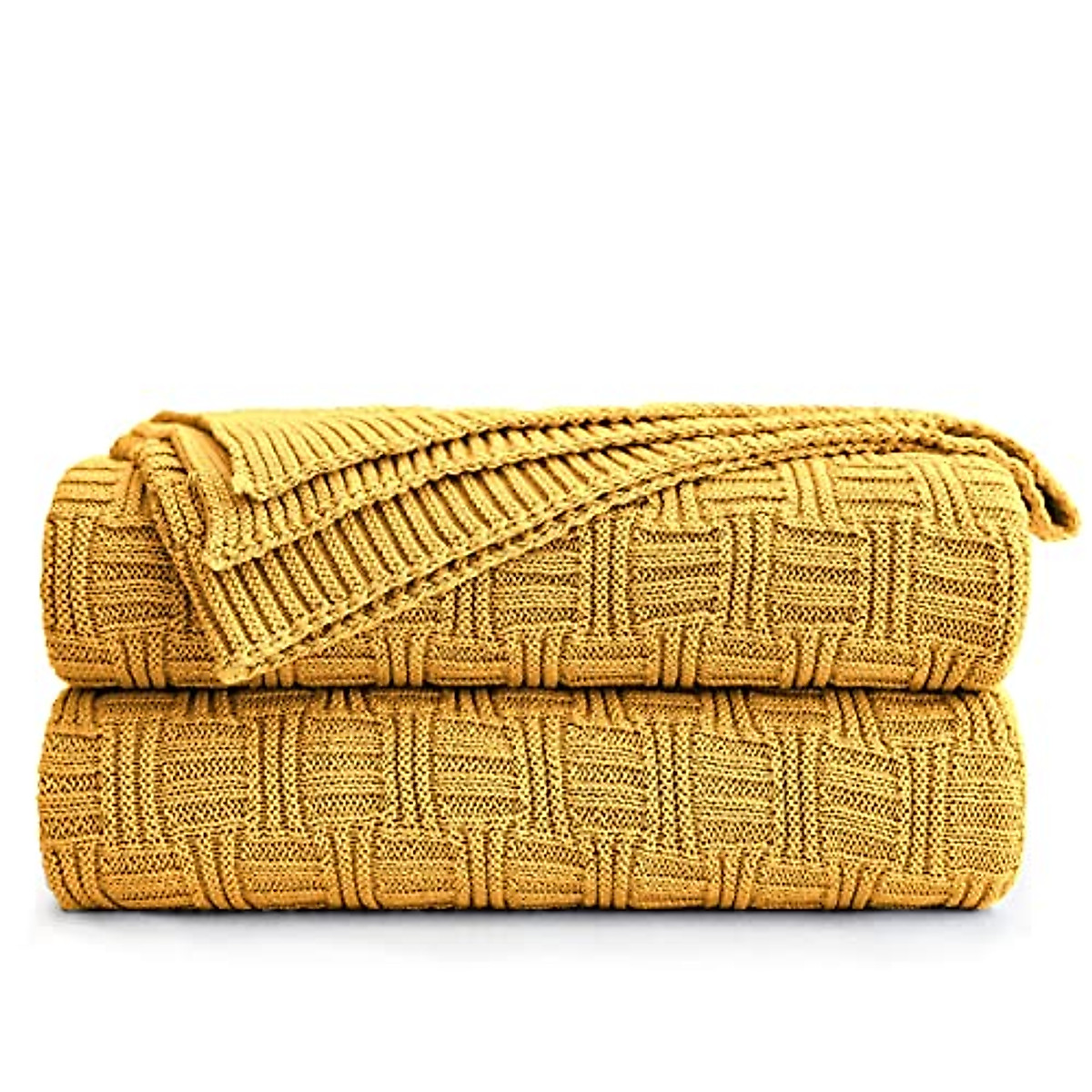100% Cotton Navy Blue Cable Knit Throw Blanket with Bonus Laundering Bag - Large Thick, 2.5 Pounds,Extra Cozy, Machine Washable, Comfortable Home Decor (Mustard Yellow Stripe Pattern, 60"x80")
