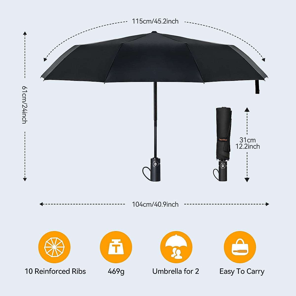 TechRise Large Windproof Compact Umbrella, Travel Folding Umbrellas for Rain Ladies Automatic Open Close Strong Wind Proof Rain Resistant with 10 Ribs Waterproof Umbrella Collapsible for Men Women