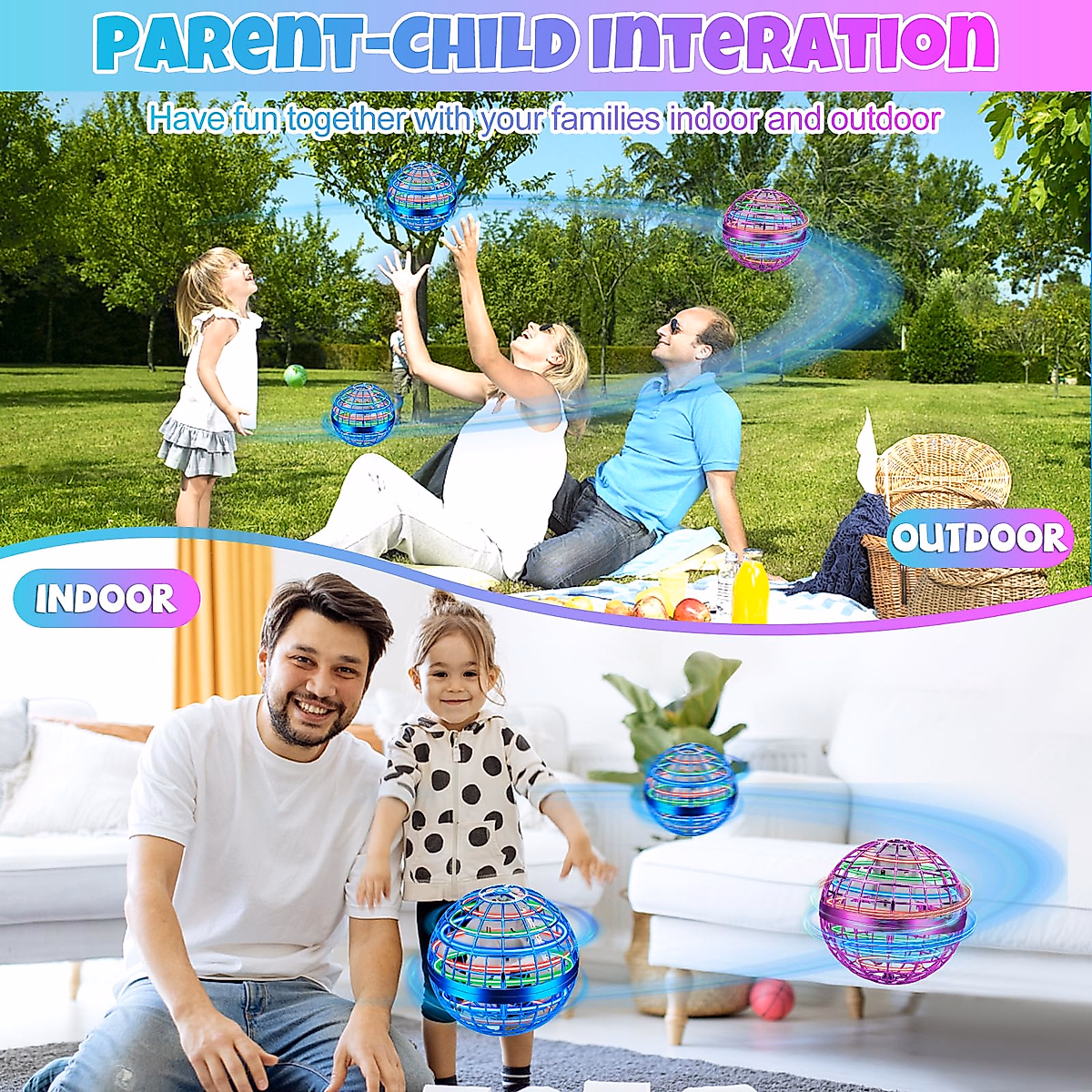 M&HONG 2 Pack Flying Orb Ball for Kids Adults, Hand Controlled Boomerang Ball, Soaring Flying Spinner Mini Drone, Hover Flying Ball Toy with LED Lights, Drone Ball Endless Tricks Gifts for Boys Girls