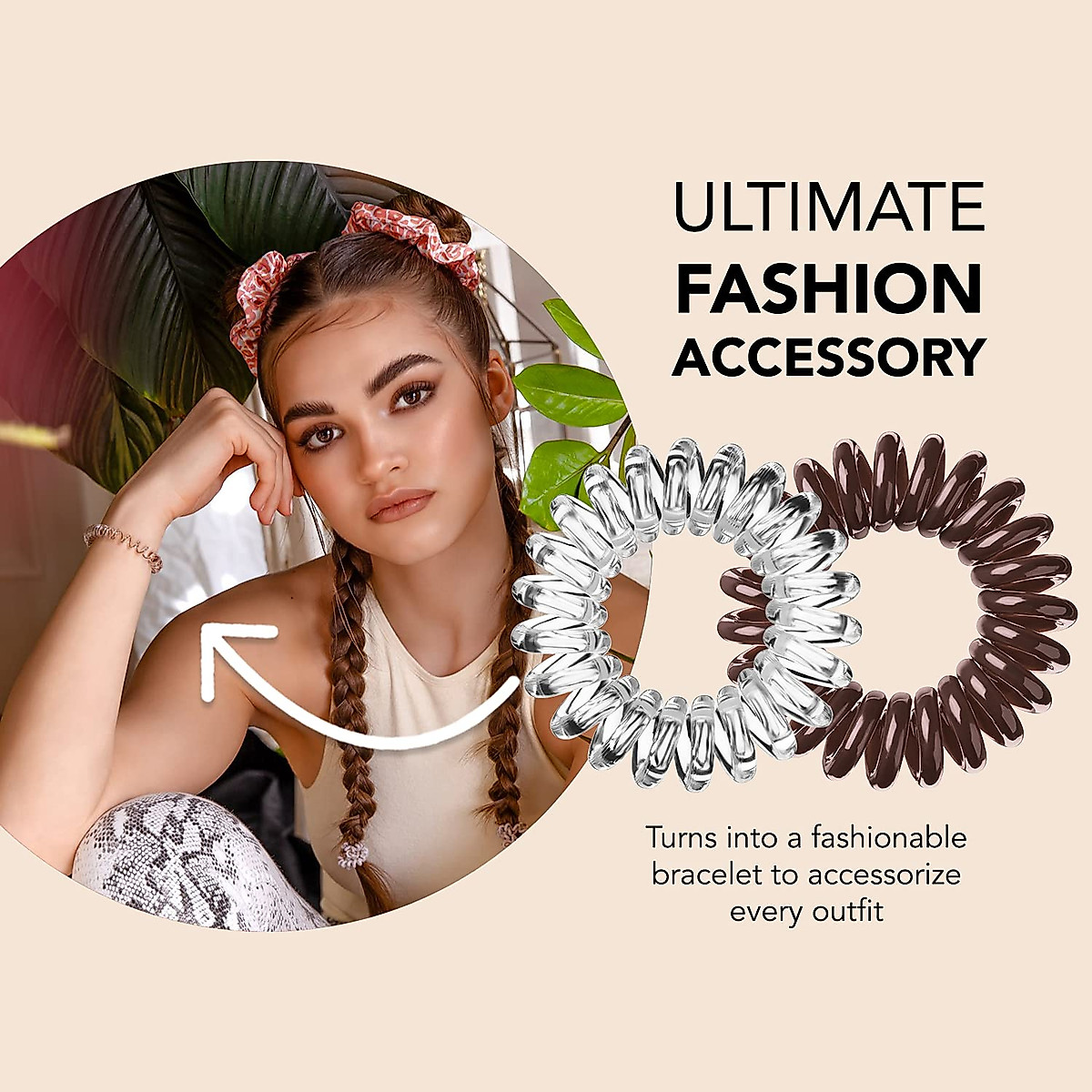 invisibobble Original Traceless Spiral Hair Ties - Pack of 8, Crystal Clear and Pretzel Brown - Strong Elastic Grip Coil Accessories for Women - Non Soaking - Gentle for Girls Teens and Thick Hair