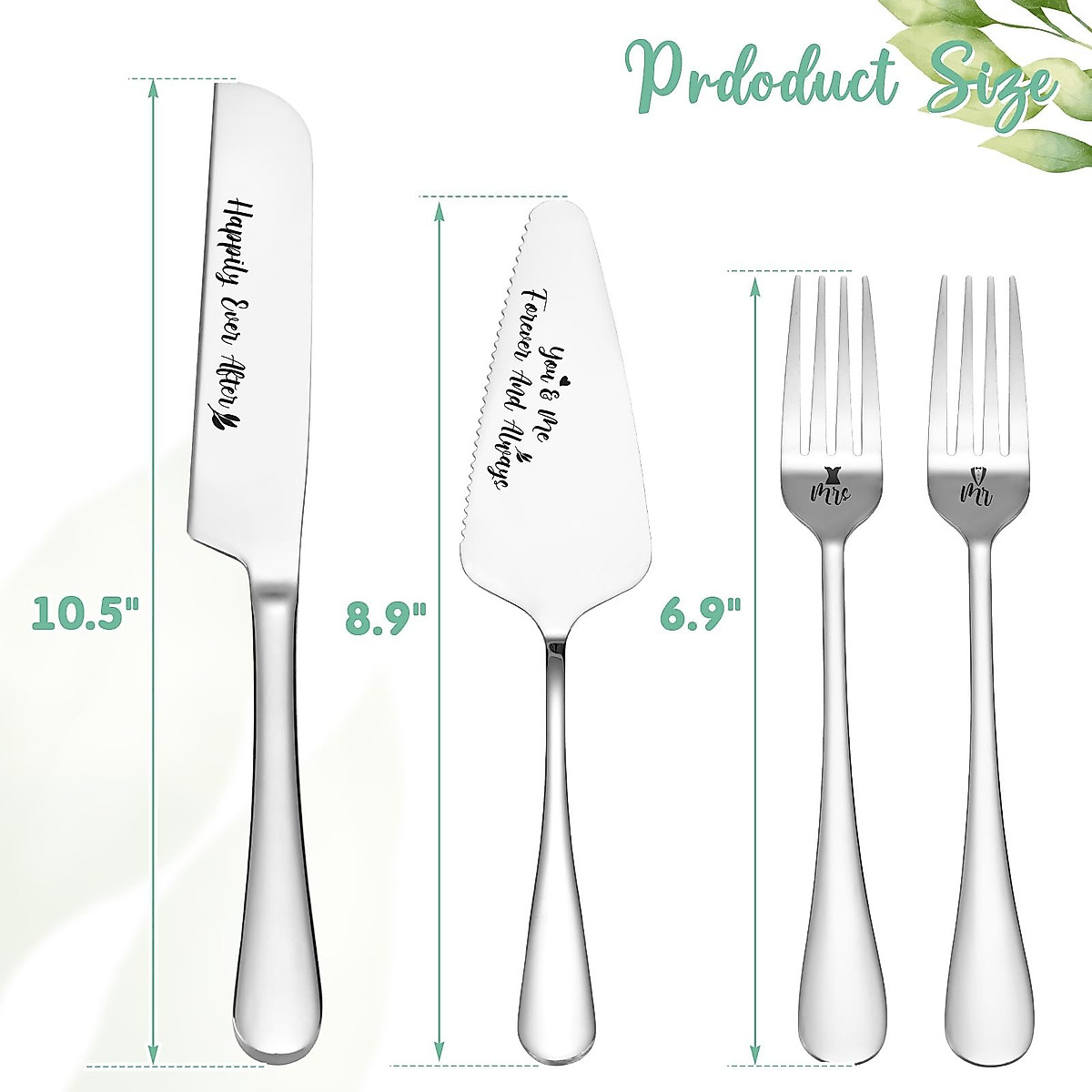 Sage Green Wedding Cake Knife & Server Set with Stainless Steel Blades Mr. and Mrs. Forks with Artificial Plant Ribbon Bowknot Perfect Addition to Your Wedding Celebrations Anniversaries Showers