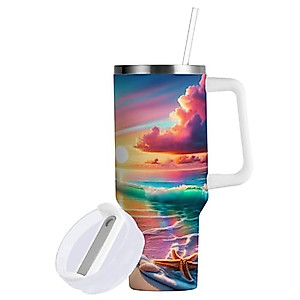 Jihqo Sandy Beach Colorful Sunset 40 oz Stainless Steel Vacuum Insulated Tumbler with Handle and Straw Lid, Leakproof Water Bottle Double Wall Travel Mug Coffee Cup, Cupholder Friendly