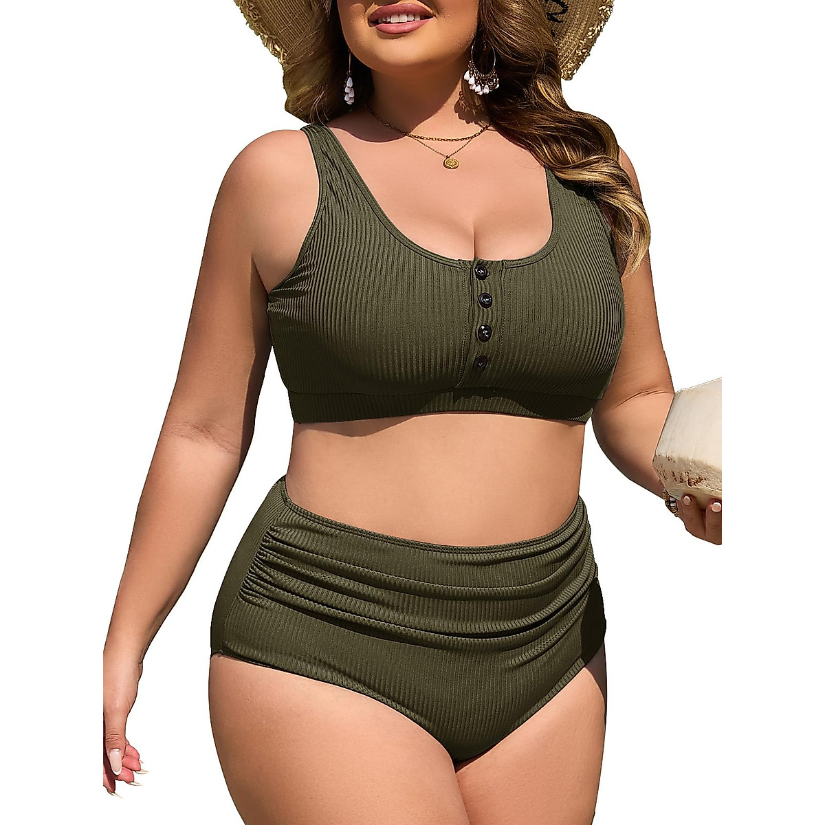 Summer Mae Plus Size Women Ribbed Bikini Set Two Piece High Waist Swimsuit Scoop Top Tummy Control Bathing Suit Swimwear Olive 22 Plus