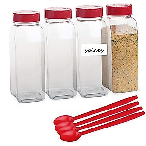 Upper Midland Products 4 Pack 32 Oz Large Spice Seasoning Shaker Containers Jars Plastic With Red Dual Flip Top Sided Lid, 4 Long Spoons And Labels