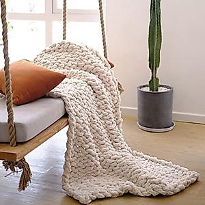 clootess Chunky Knit Blanket Knitted Throw Crochet Chenille Yarn Woven for Bed Sofa Textured Thick Cable Decor (Beige 50x63 in)