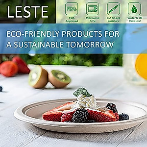Leste Disposable Bagasse Paper Plates, Heavy-Duty Party Plates, 100% Compostable, Made of Natural Sugarcane Fibers - Biodegradable Paper Plates (Natural - Round, 9 Inch - 50 Count)