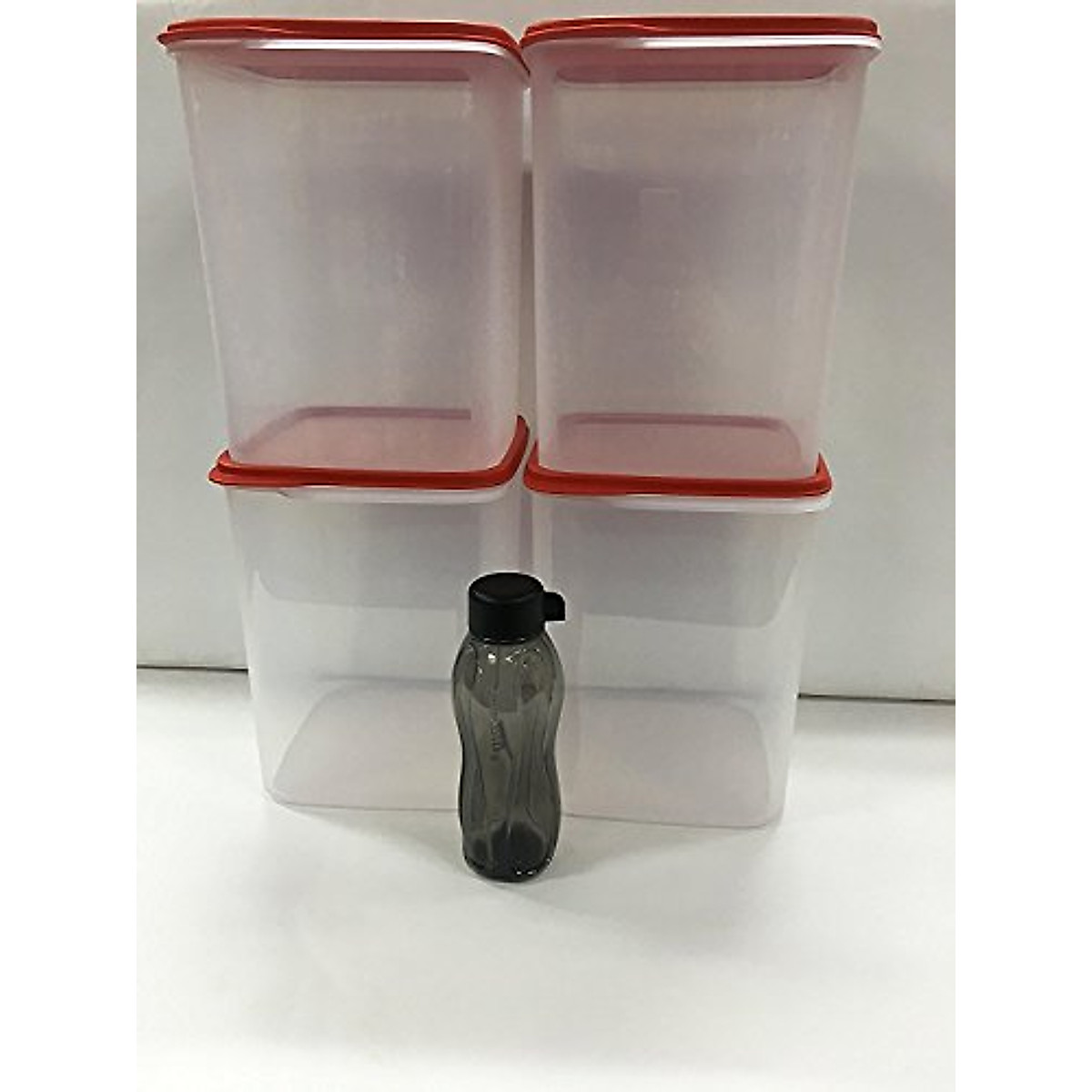 TUPPERWARE smart storer #4, 5.4 litres, set of 4, red colour + 310ml black bottle 1pc FREE, total set mrp:3150 special price:2199