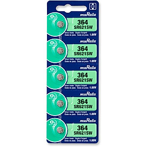 Murata 364 Battery SR621SW 1.55V Silver Oxide Watch Button Cell (5 Batteries)