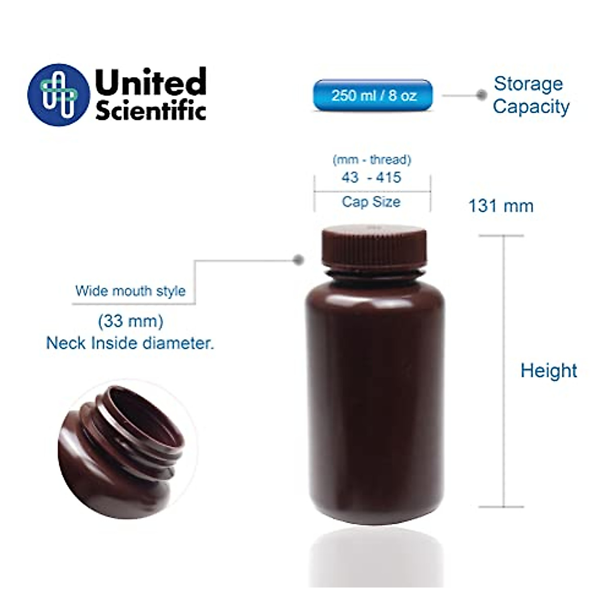United Scientific Supplies 33464 | Laboratory Grade HDPE Wide Mouth Amber Reagent Bottle | Designed for Laboratories, Classrooms, or Storage at Home | 250ml (8oz) Capacity | Pack of 12