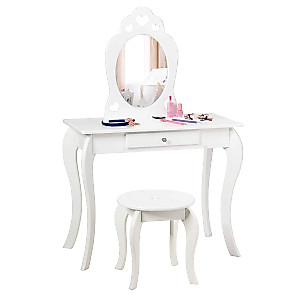 HONEY JOY Kids Vanity Set with Mirror, Toddler Wooden Vanity Table with Stool & Drawer, Removable Top, Princess Pretend Play Beauty Makeup Dressing Table Playset for Little Girls(White)