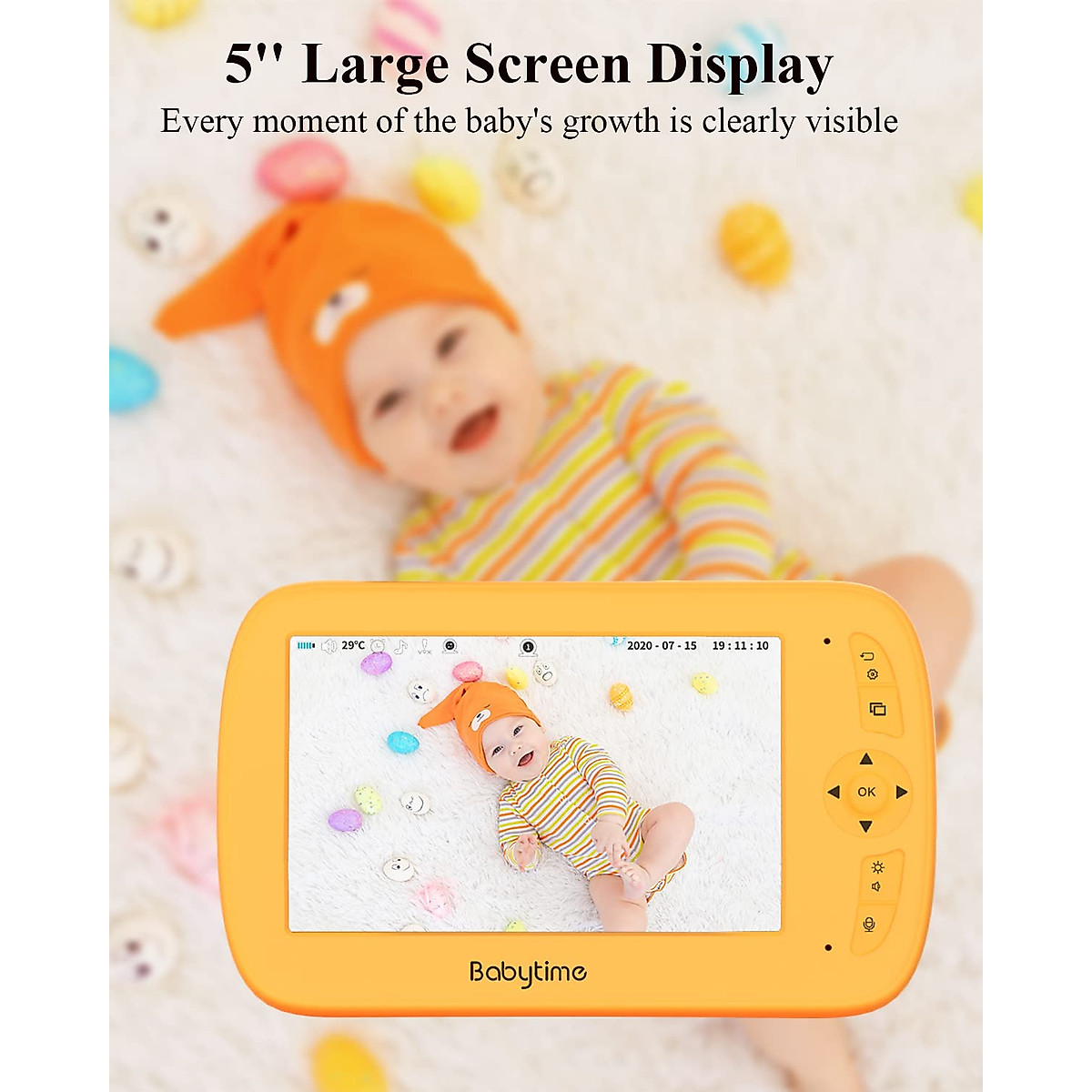 BabyTime Baby Monitor, 1080P Baby Camera Monitor No WiFi with 5" Display, Night Vision, Lullaby Player, Two Way Audio and VOX Mode, Temperature