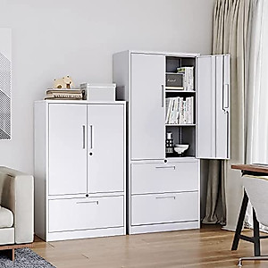 ZAOUS File Cabinet 1 Drawer, Metal File Cabinet with Lock, Lateral Filing Cabinet with Doors & Adjustable Shelves for Home Office, Living Room, Pantry, Gym, Basement, Warehouse, White