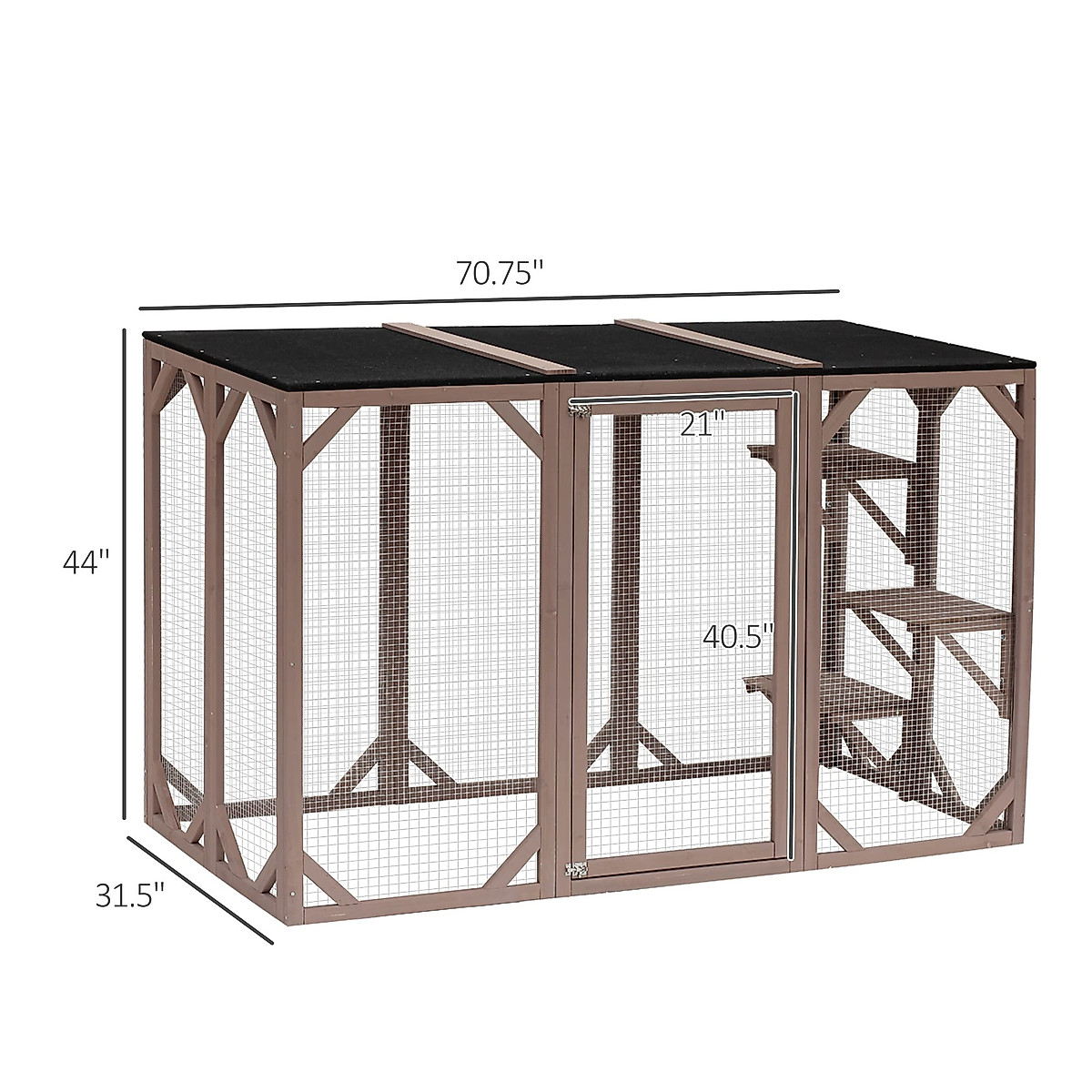 PawHut Outdoor Cat House, Catio Wooden Feral Cat Shelter, Cat Cage with Platforms, Large Enter Door, Weather Protection Asphalt Roof, 71" L, Brown