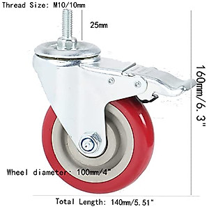 Swivel Stem Casters, Heavy Duty Double-Locking Castors with Red PU Wheels Quiet and No Marking with Metric Thread Rods M10-1.5x25mm 800-1000lb Load Capacity Pack of 4 (4 Inch)