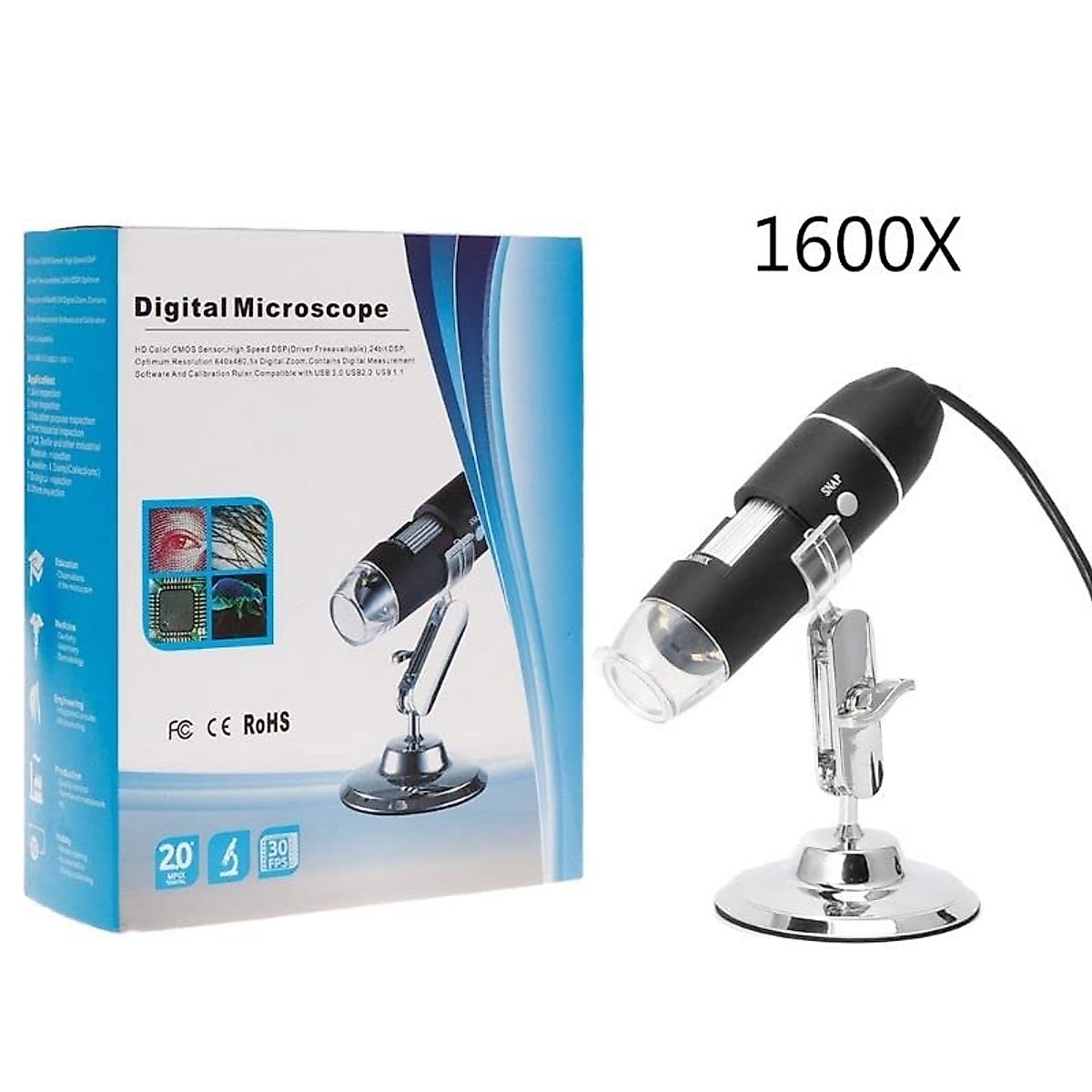 Lab Microscope Slides 1600X USB Digital Microscope Camera 8LED Magnifier with Metal Stand Microscope Parts