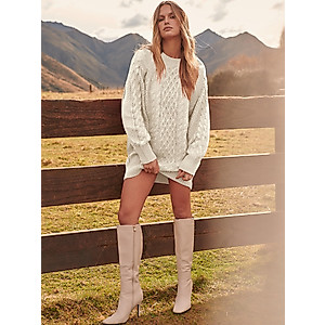 ANRABESS Women Long Sleeve Oversized Cable Knit Chunky Baggy Loose Pullover Tunic Mini Sweater Dress 2024 Trendy Fall Outfits Beige Small