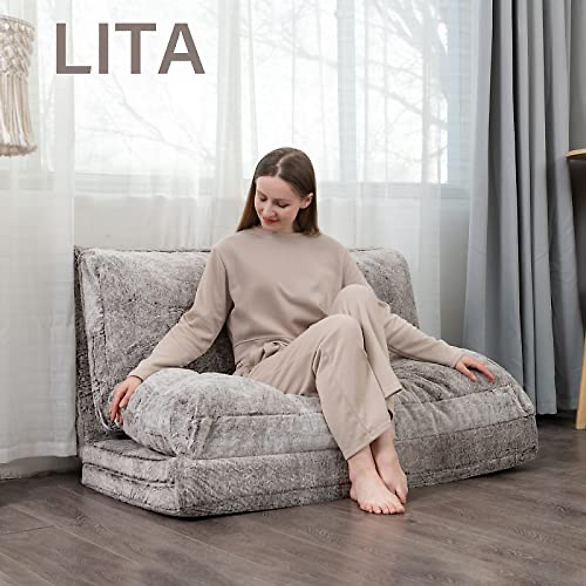 LITA Folding Mattress Sofa, Foldable Double Sofa Bed Foam Filling Convertible Sleeper Sofa Bed Modern Soft Faux Fur Wall Sofa Bed with Removable Cover for Living Room/Apartment/Dorm, Coffee