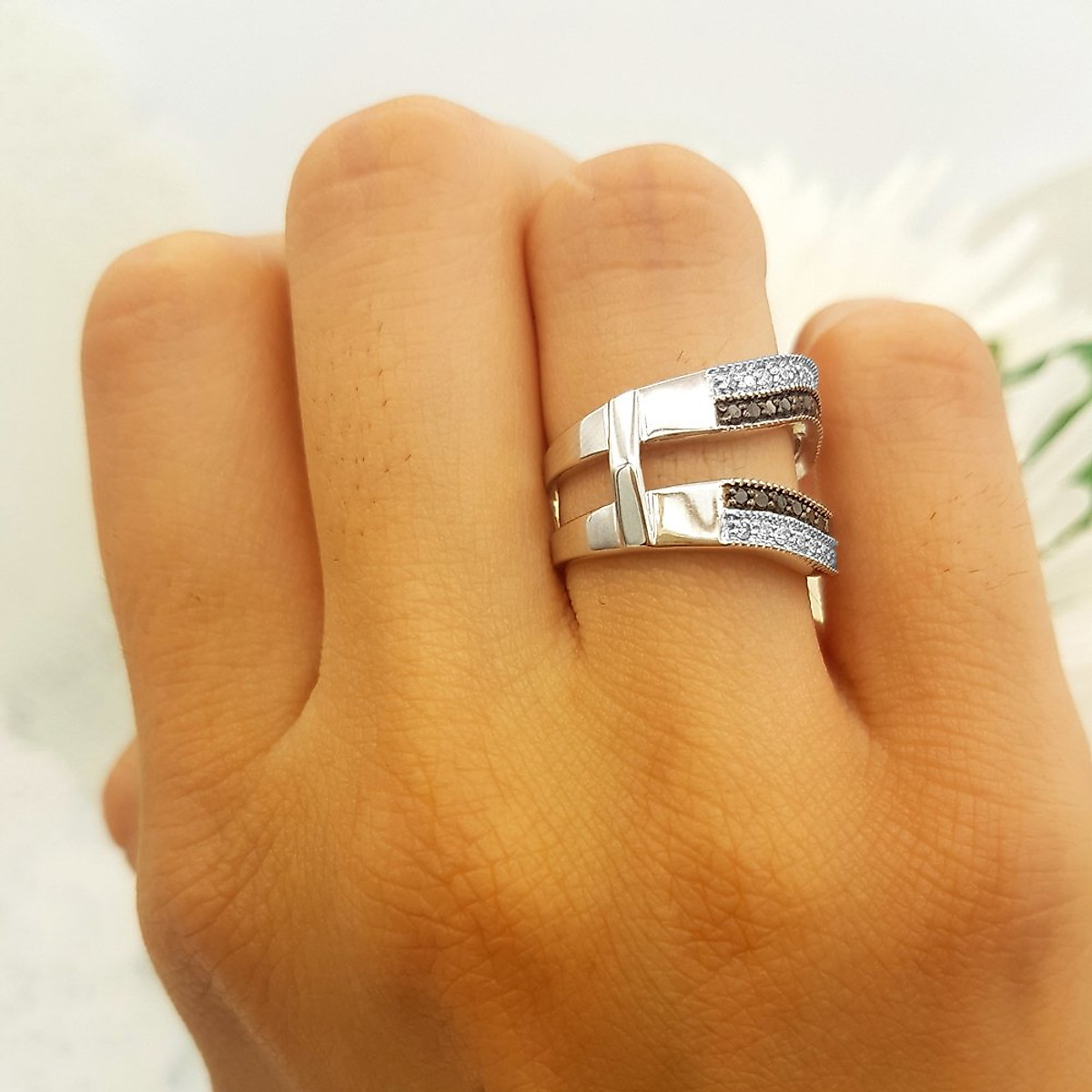 Dazzlingrock Collection 0.55 Carat (Cttw) 10K Round Black & White Diamond Women Double Row Anniversary Millgrain Guard Double Ring 1/2 CT, White Gold, Size 5