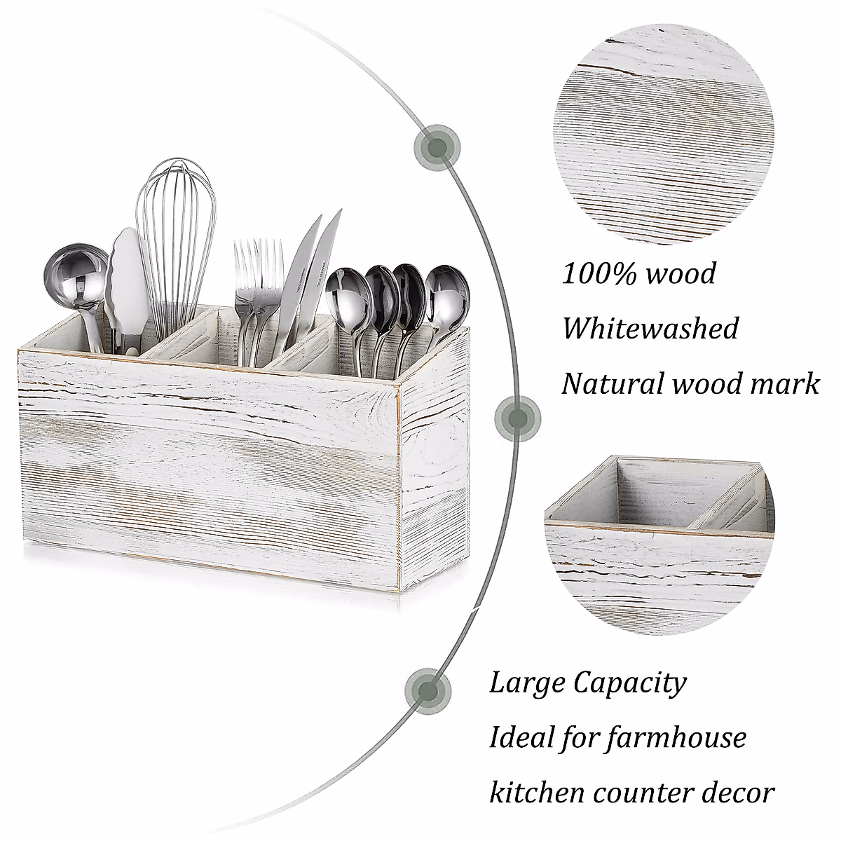 Hanobe Large Wooden Utensil Holder: Rustic Farmhouse Wood Cutlery Caddy 3 Compartment Silverware Countertop Organizer Distressed White Washed Flatware Storage for Kitchen Dinning Table