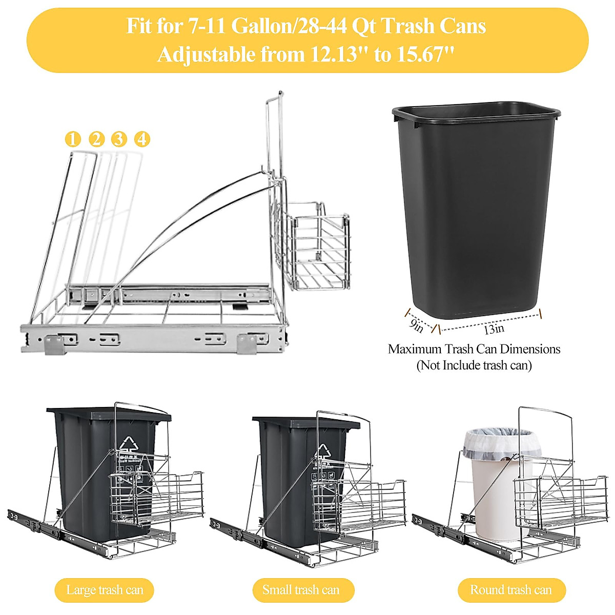 Pull Out Trash Can Under Cabinet Slider, Under Counter Trash Can Pull Out with Garbage Bag Holder, Under Sink Trash Can Pull Out for 7-11 Gallon Garbage Cans, Up to 100 lb (Not Include Trash Can)