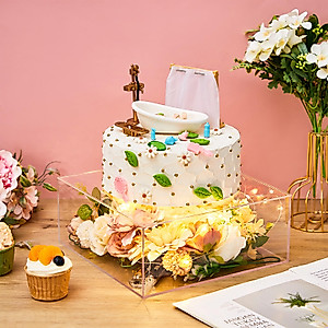 Sintuff 2 Pcs Square Acrylic Cake Stand 2 Tiers 6''/10'' Clear Fillable Cake Riser with LED String Light Cupcake Stand with Lid for Wedding Birthday Party Table Desserts