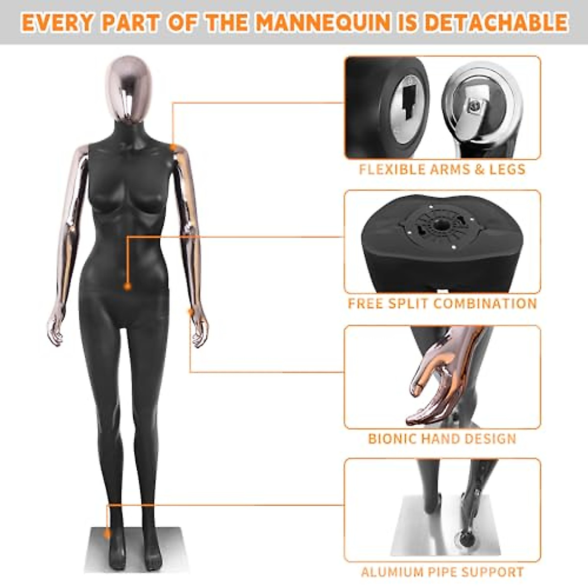 Female Mannequin Black Dress Form Full Body Manikin Body 70 Inches Adjustable Maniquins Dress Model Plastic Detachable Manequins Stand Metal Base Metal Connector, Rose Gold Head and Hands