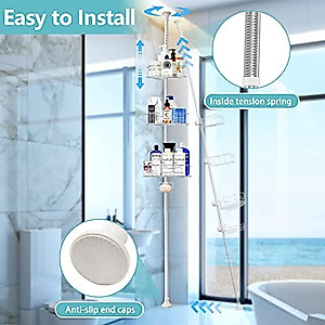 White Corner Shower Caddy Tension Pole - Heavy Duty Stainless Steel Shower Organizer Tension Pole - Adjustable Shower Pole Caddy for Inside Bathroom and Bathtub - 4 Tier Shelves, 40 to 120 Inch
