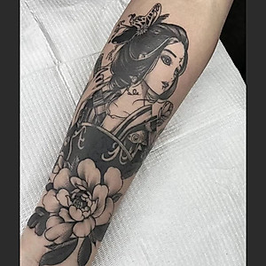 Oottati 6 Sheets Arm Fake Waterproof Temporary Tattoos Stickers Black Japanese Geisha Samurai Women Flower Lotus