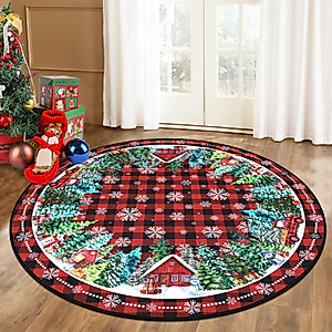 HEBE 4Ft Round Christmas Area Rug Non Slip Farmhouse Round Rug for Living Room Washable Soft Circle Rugs for Bedroom Christmas Round Floor Carpet for Dining Room Xmas Holiday Decor