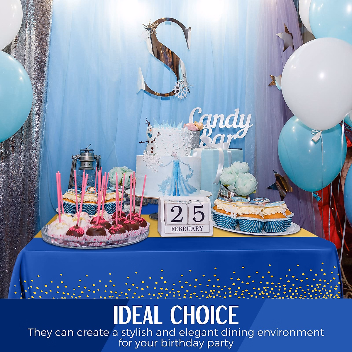 Breling 8 Pack Navy Blue and Gold Disposable Plastic Tablecloths and Satin Table Runner Set, 54 x 108 Inch Tablecloth, 12 x 108 Inch Table Runners for Wedding Graduation Birthday Baby Shower New Year