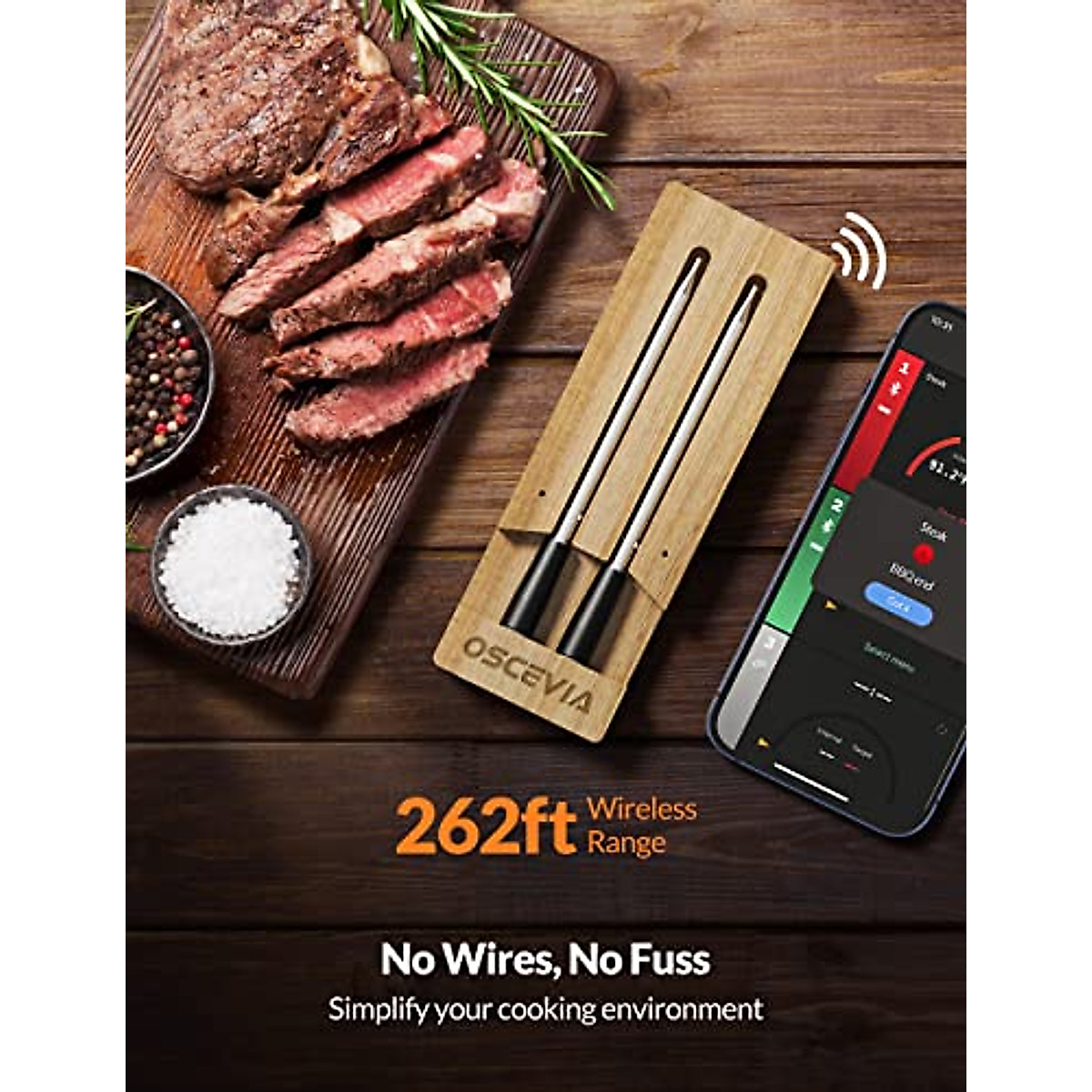Smart Meat Thermometer, OSCEVIA 2-Probe Food Thermometer with Smart Alert, 262ft Wireless Range, IP67 Waterproof, Magnetic Design for BBQ, Kitchen, Air Fryer, Garden, Oven, Grill, Rotisserie