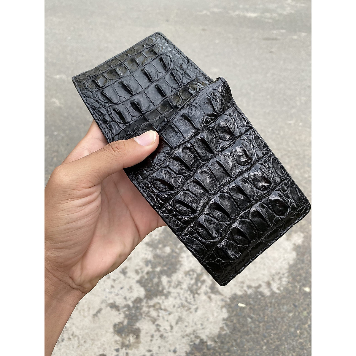 Viet Nam Black Double Side Genuine Real Alligator Hornback Leather Bi-fold Men's Wallet ,Handmade Crocodile Leather Wallet Men, XL