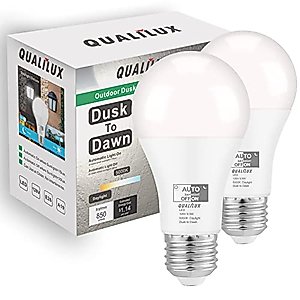Qualilux Dusk to Dawn Light Bulbs Outdoor, 60W Equivalent, Daylight, Non-Dimmable, LED 9.5W, A19, 2-Pack, HQ-H011