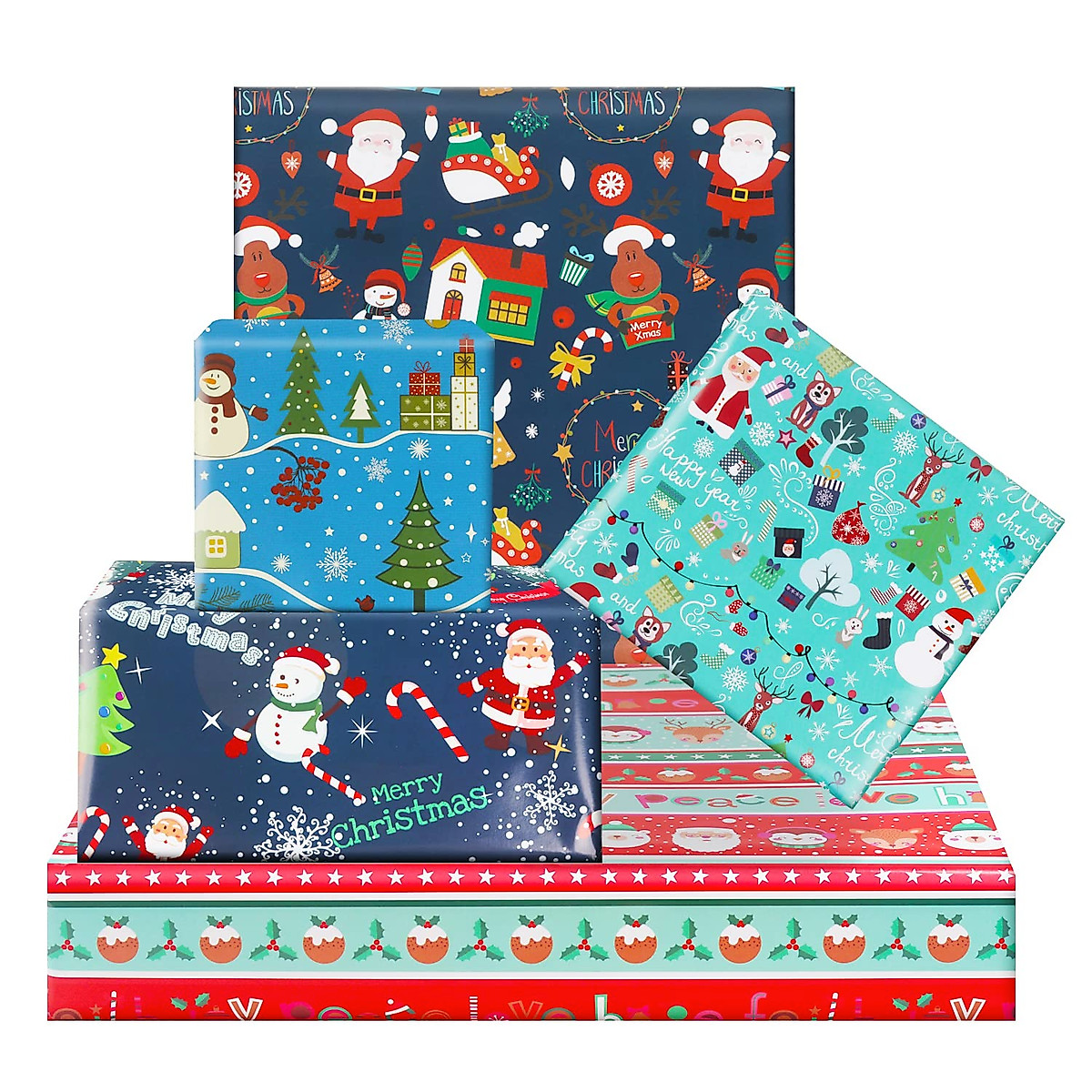 NEPOG Christmas Wrapping Paper, Xmas Wrapping Paper 10 Sheets in 5 Designs Folded Flat 20x28 Inches per Sheet, Santa Snowman Christmas Tree Snowflake Gift Wrap Set for Kids Girls Boys Family Friends